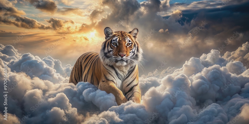 Mythical tiger floating amidst billowing clouds, mythical, tiger ...