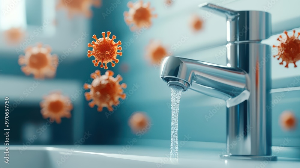 Faucet with bacteria visibly multiplying under UV light, highlighting ...