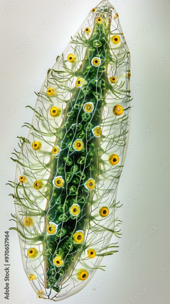 Close-up of a transparent caterpillar-like creature with yellow spots ...