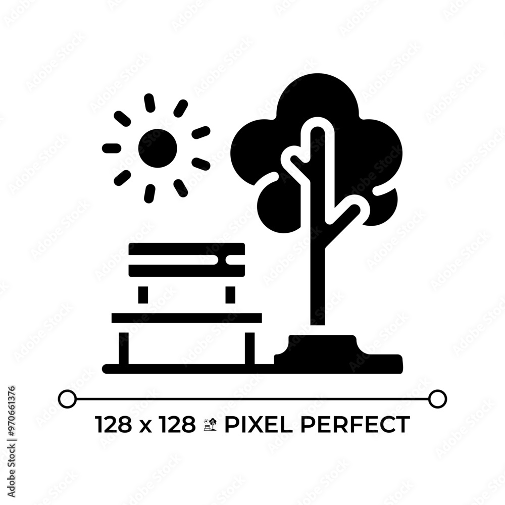 Green public spaces black glyph icon. Public park bench and tree ...