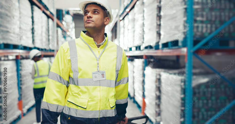 Logistics, man and trolley in storage with packaging, wholesale and ...