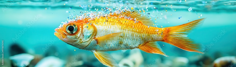Fish surrounded by tiny microplastic particles in clear water ...