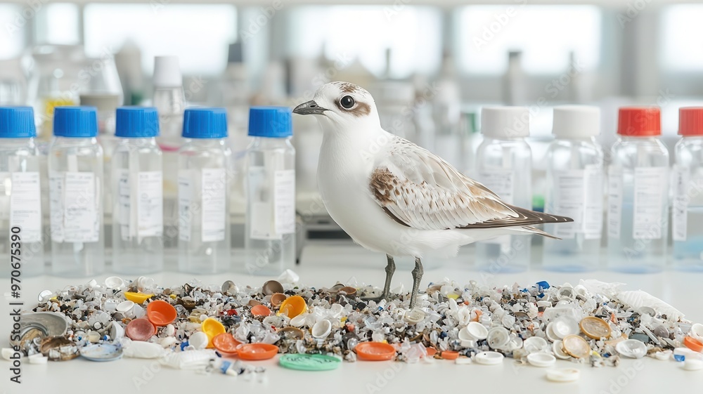 Microplastic fragments collected from the stomach of a bird, displayed ...