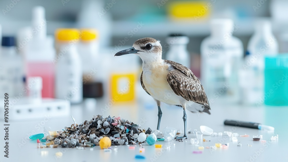 Microplastic fragments collected from the stomach of a bird, displayed ...