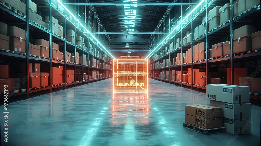 A high-tech warehouse with numerous boxes stacked on the shelves and ...