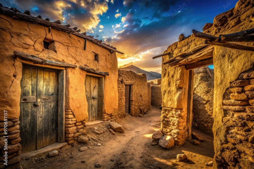 Rustic old doorways and crumbling mud huts in abandoned village with ...