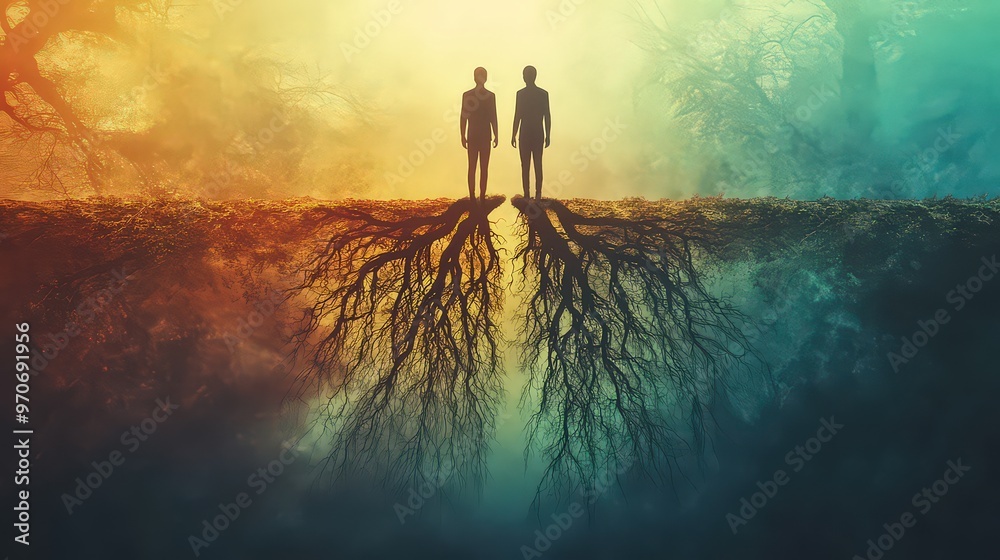 Two figures standing with roots connecting below the ground ...
