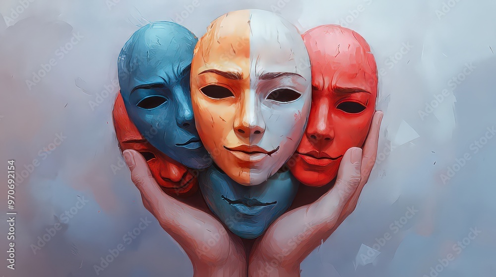 Hands holding three emotion masks, symbolizing the complexity of human ...