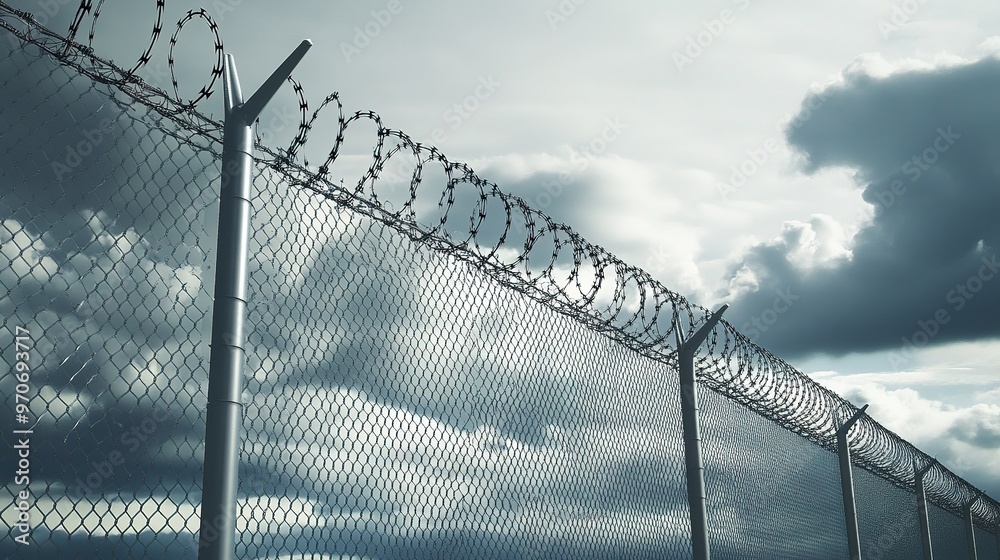 A high-security fence with barbed wire and a razor wire jail fence ...