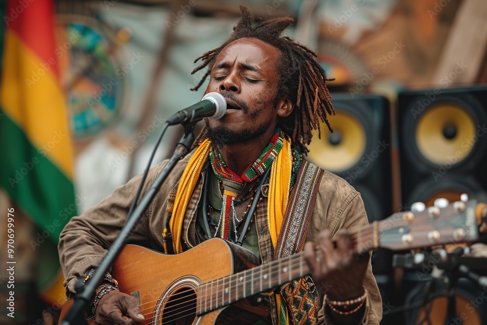 Rastafarian Jamaican man singing and playing the guitar and recording a ...