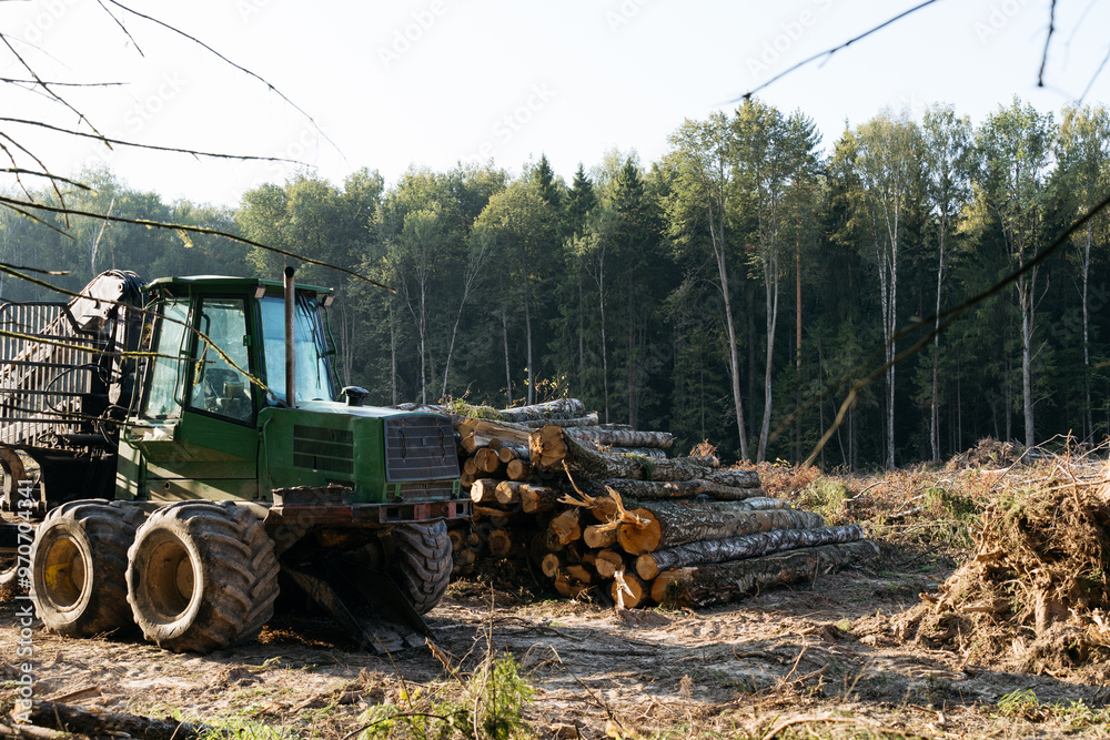 forestry vehicle (forwarder), with felled trees stacked on the side and ...