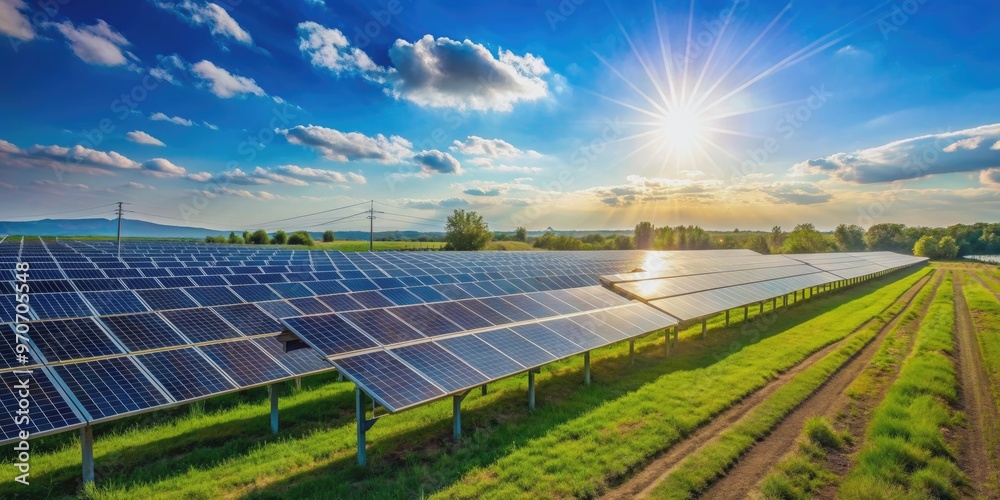 Solar farm under sunny blue sky. Green energy for sustainable , solar ...