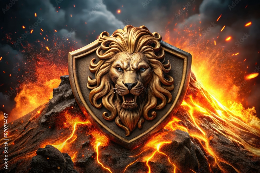 intense bronze lion badge crest fiery lava eruption molten earthy ...