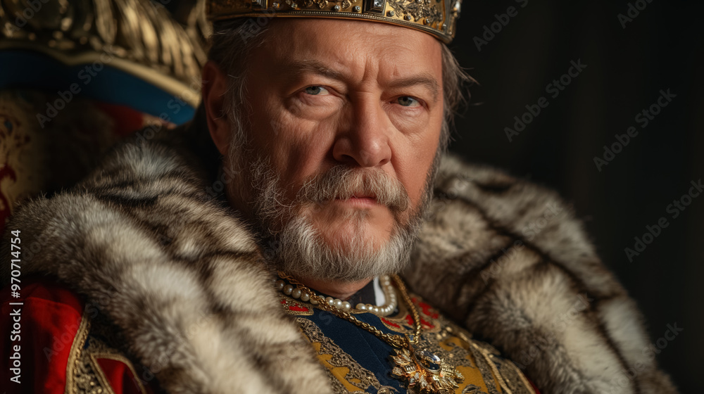 Older man dressed in royal attire, wearing a crown and fur-trimmed ...