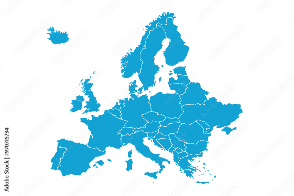 Cartoon pictures of Europe map on white background. All countries of ...
