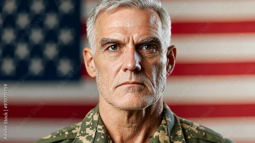Mature Caucasian male soldier in uniform standing before the American ...