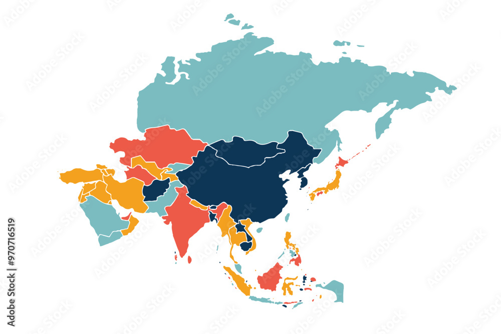 Cartoon pictures of Asia map on white background. All countries of Asia ...