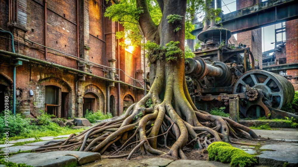 ancient tree roots growing around abandoned industrial machinery ...