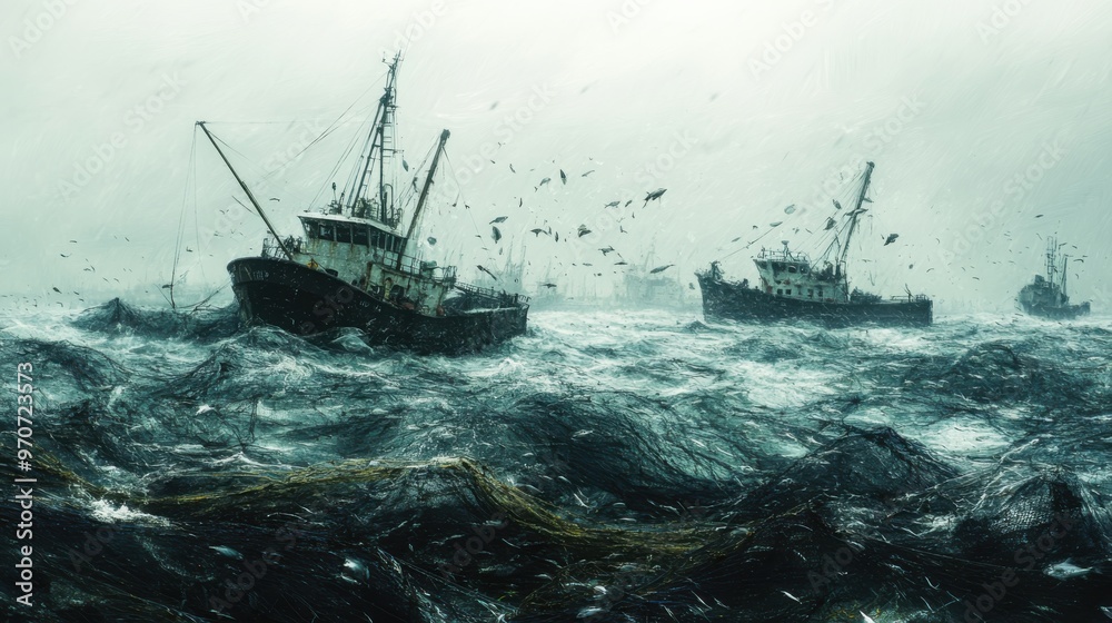 Fishing trawlers navigating a misty ocean, highlighting the impact of ...