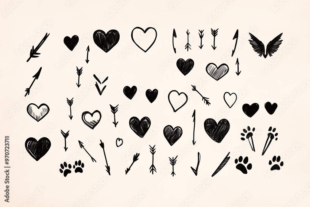 A sheet of simple heart tattoo designs, in black ink on white paper ...