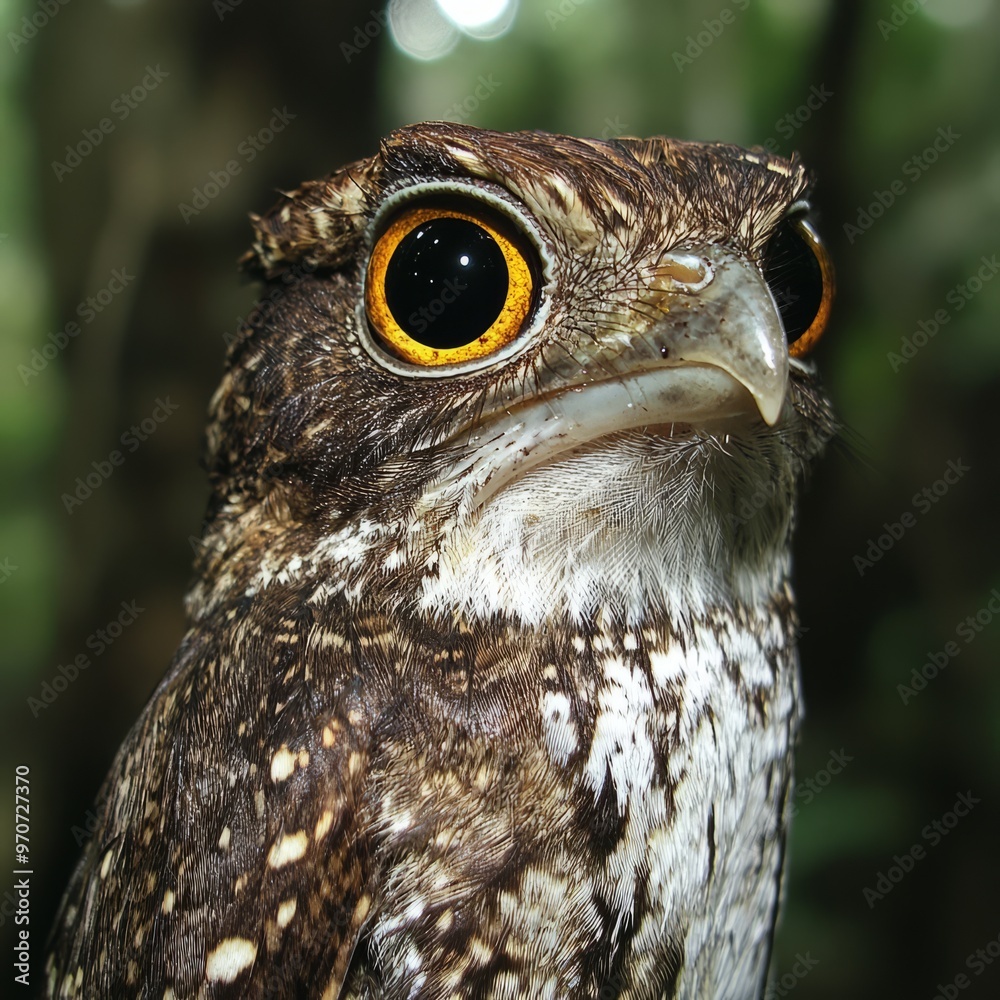 A potoo bird is seen in a close-up shot that highlights its unusual ...