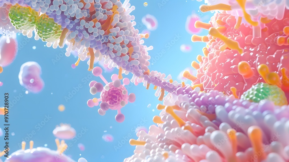 A zoomed-in view of a cell membrane, with organelles like lysosomes and ...