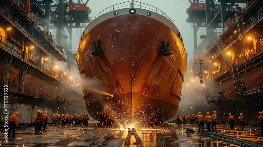 Cargo Ship Welding Sparks in Shipyard. Workers in a shipyard are ...