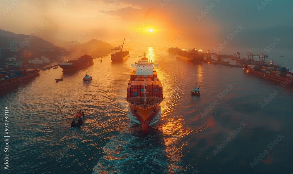 Container Ship Entering Busy Harbor at Sunrise. Container ship is seen ...