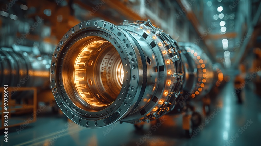 Jet Engine Core in Aerospace Factory. Detailed view of a jet engine ...