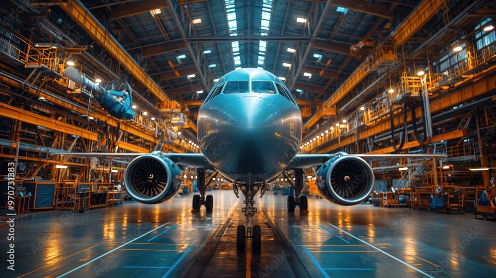 Jetliner Inside a Large Aircraft Assembly Plant. Jetliner parked in the ...