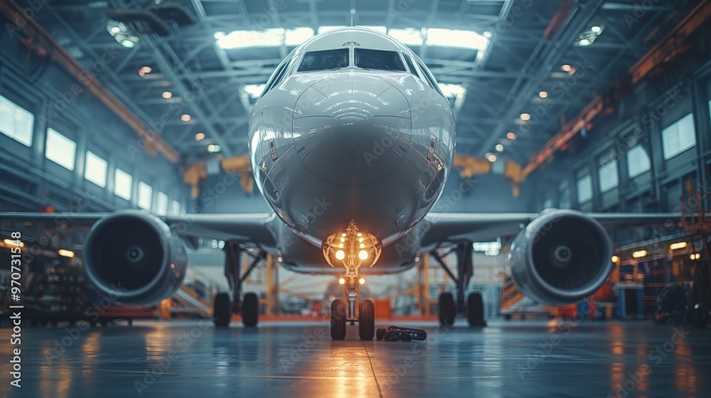 Commercial jet parked in a factory hangar, ready for its final delivery ...