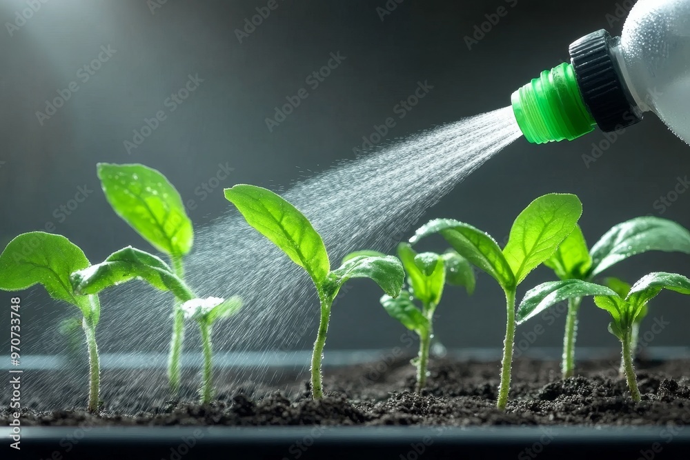 A close-up image of a hand watering young plants with a spray bottle ...