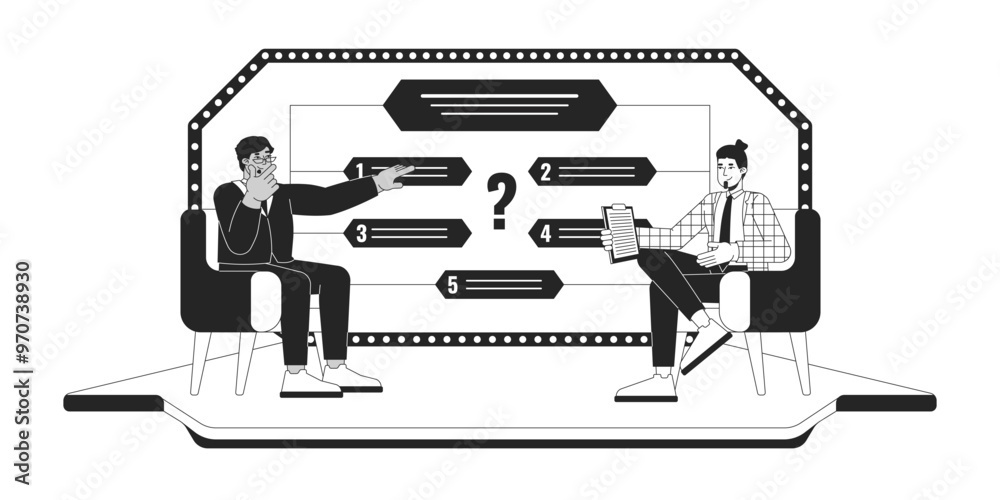 Television game show studio with host and contestant black and white 2D ...