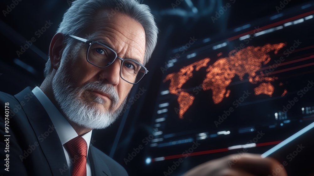Elderly man in a suit working with technology featuring a world map on ...