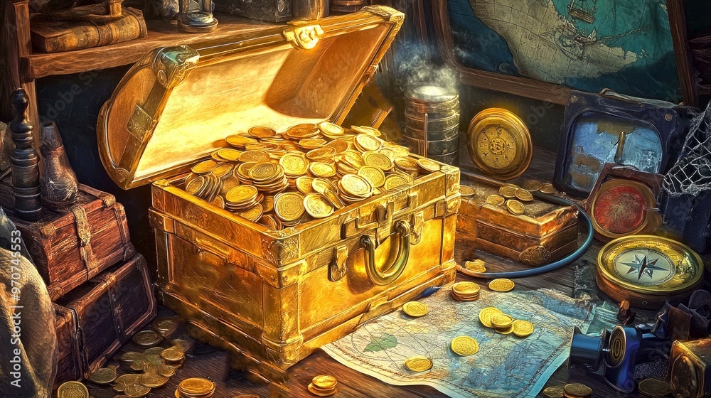 A golden treasure chest overflowing with shiny coins. Surrounded by ...