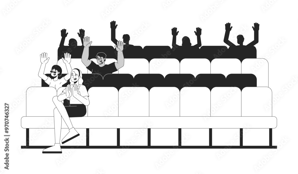 Theater audience clapping on seats black and white 2D line characters ...