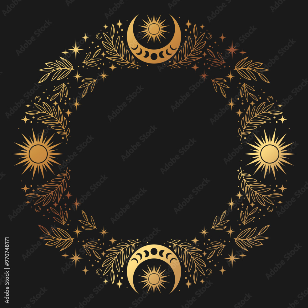 Magic golden celestial round frame with sun, stars, moon, crescents and ...