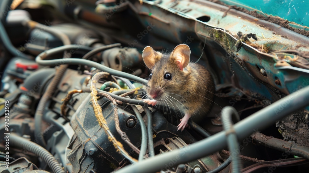 Mouse in car engine causing damage by chewing on cables. Concept Car ...
