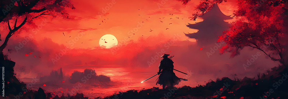 a epic samurai with a weapon sword standing in nature with a beautiful ...
