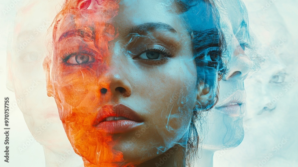 Overlapping multiple portraits and faces interweave together to form a ...