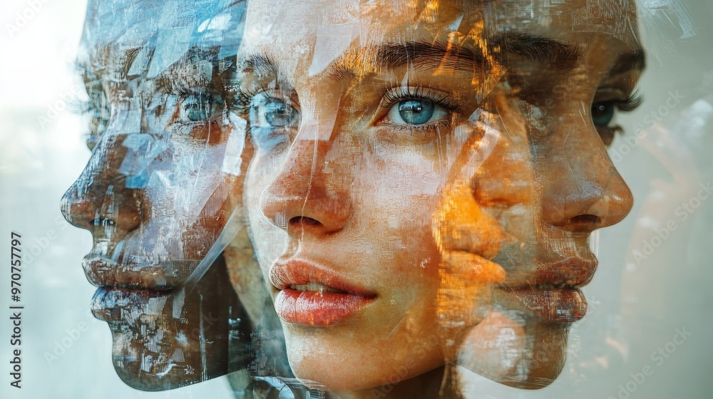 Overlapping multiple portraits and faces interweave together to form a complex visual narrative ...