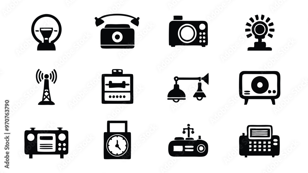 Generate a set of vintage technology icons depicting a rotary phone, a ...