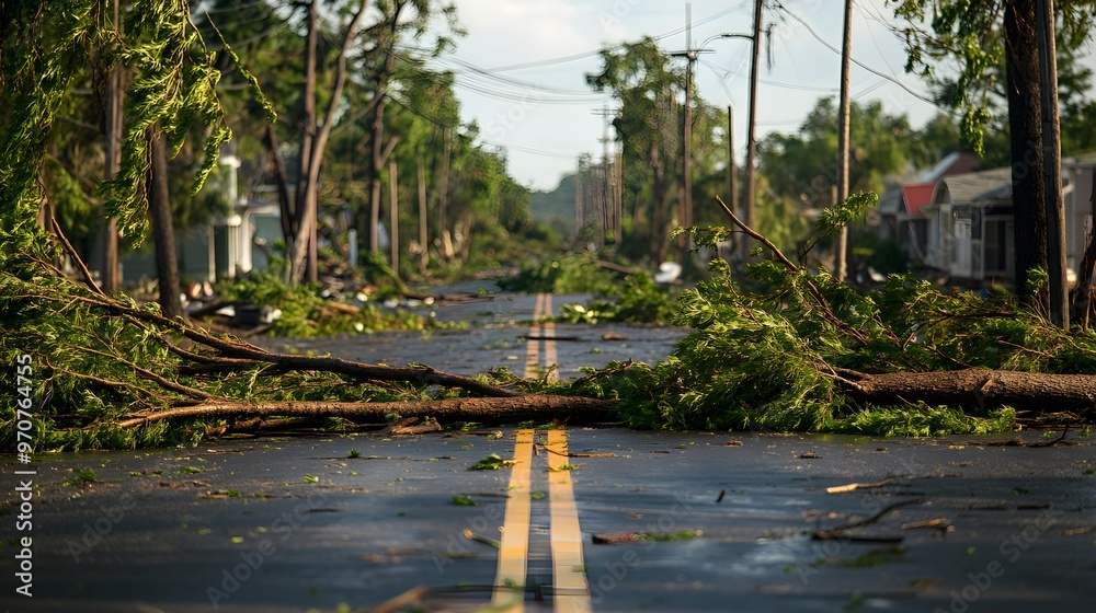 Devastated residential area after a storm, with large trees collapsed ...