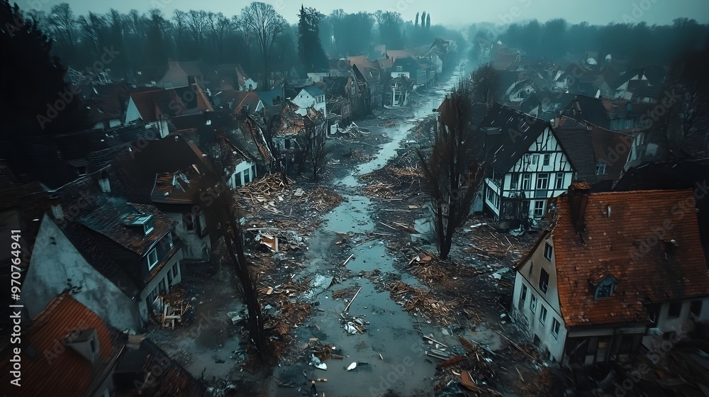 Drone perspective of a devastated town, shattered rooftops and uprooted ...