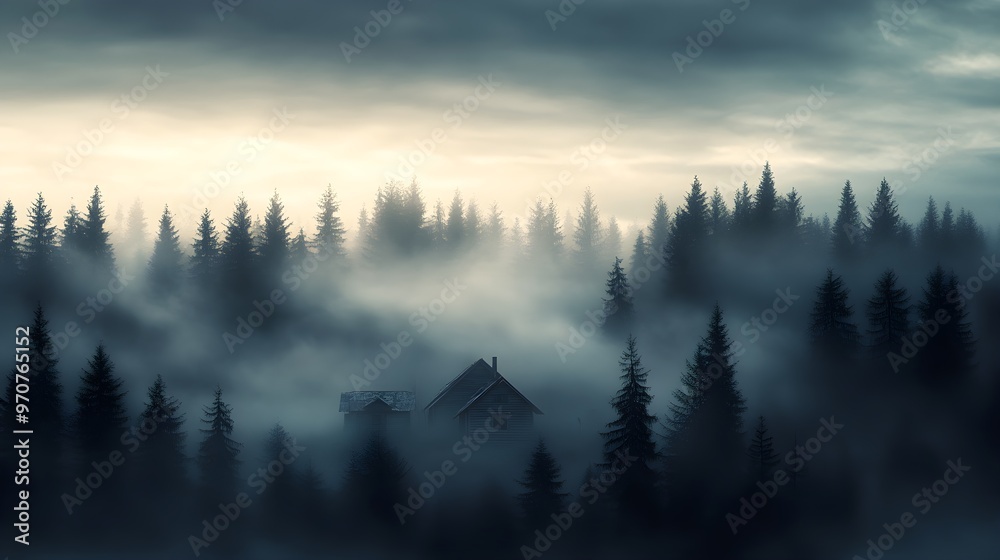 Dystopian forest scene, homes destroyed by fallen trees, thick mist and ...