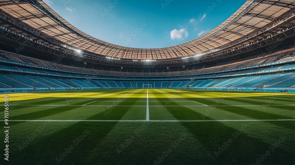 Majestic and grand football stadium with vast green grass pitch and ...
