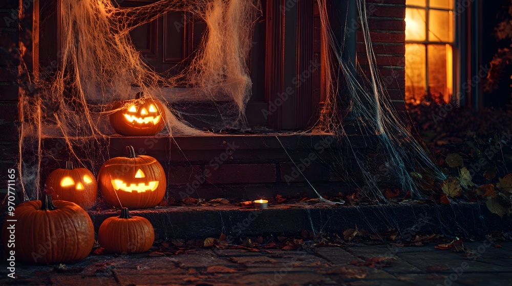 Haunted,spooky front porch with carved pumpkins and cobwebs in the dark ...