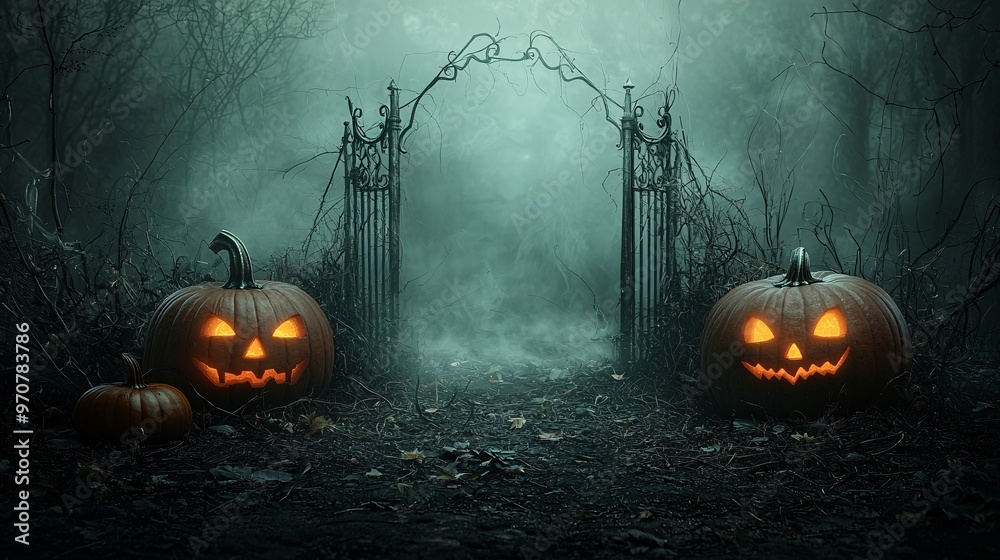 A haunting garden scene with glowing pumpkins, mysterious mist creeping ...