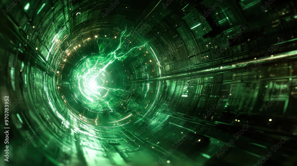 particle collision event within a large hadron collider. A large metal structure glowing with ...