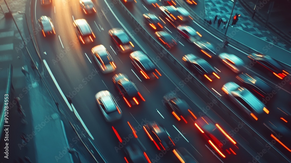 Top-down view of fast-moving cars on a highway intense traffic during ...